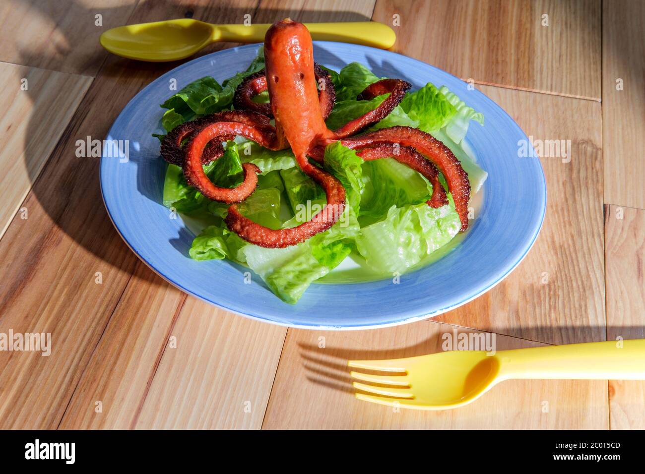 Fancy hot dog cut to the shape of an octopus to be fun to eat Stock ...