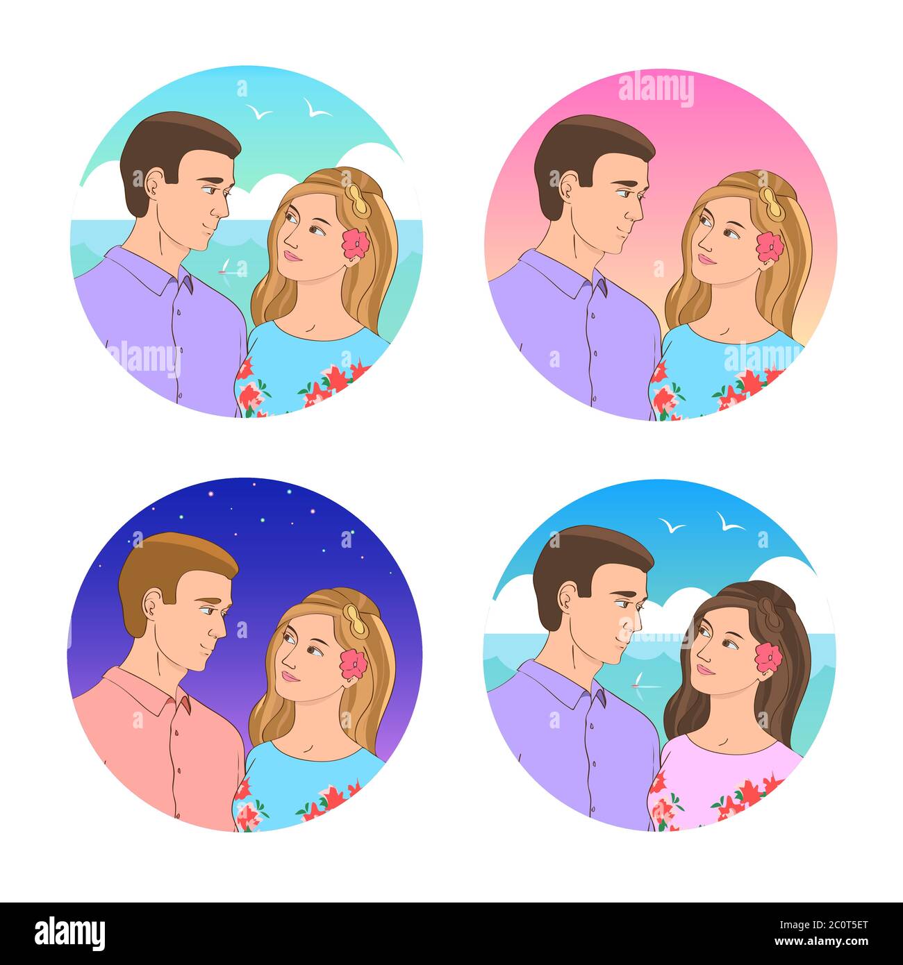 A set of four pictures with couples in love. Different color options ...