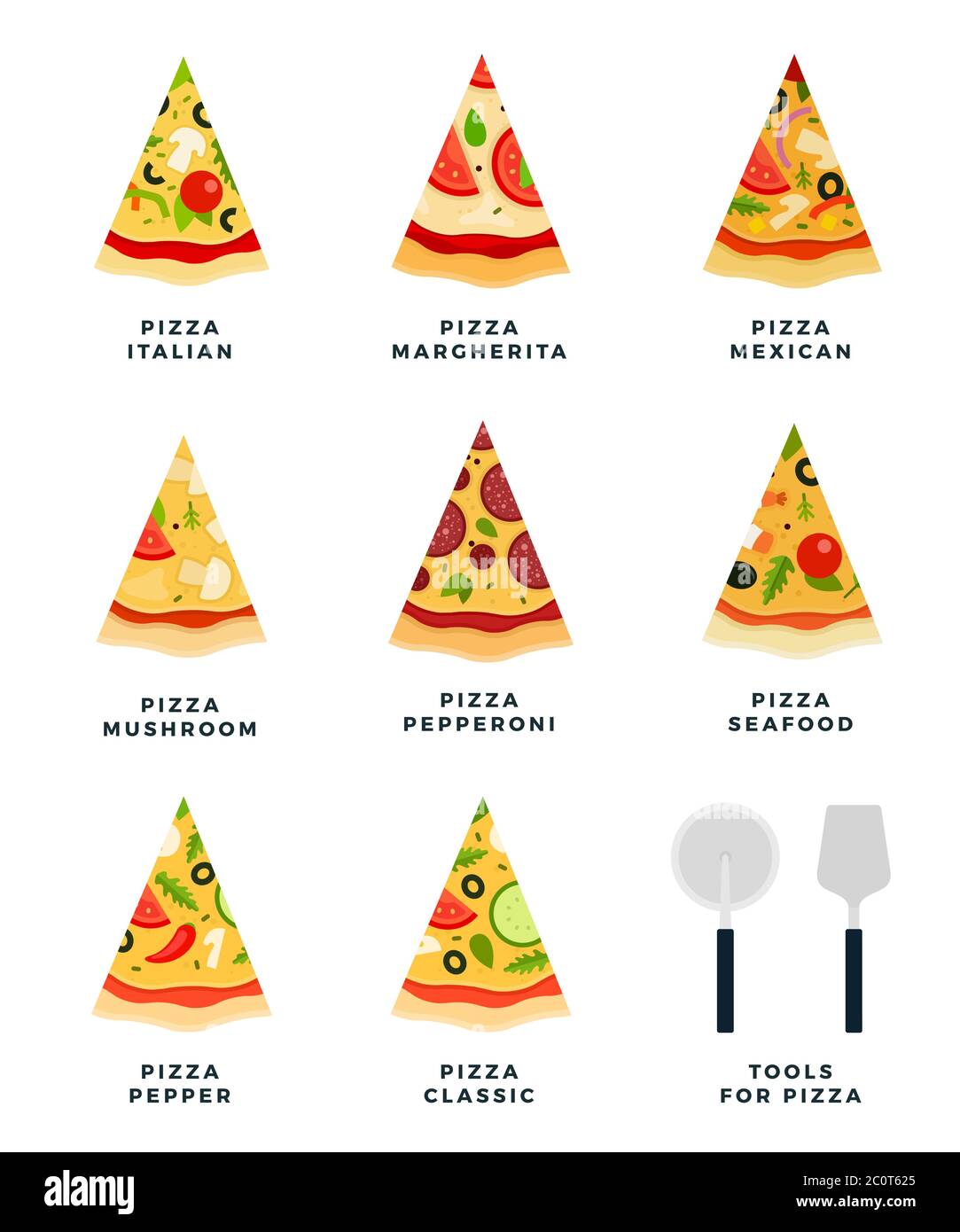 Set vector flat icons with differents varieties of pizza. Tools for ...