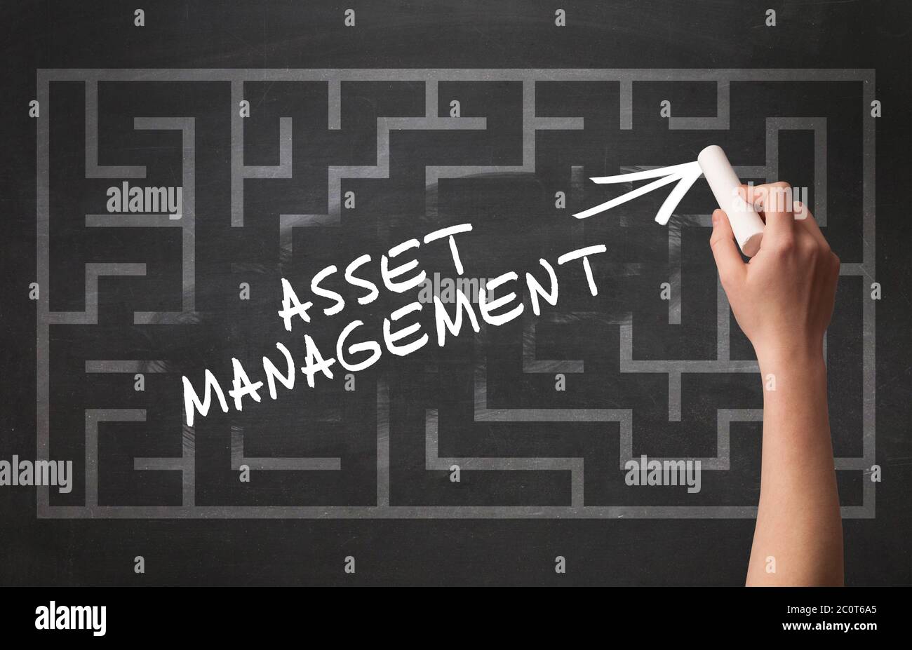 Hand drawing ASSET MANAGEMENT inscription with white chalk on ...