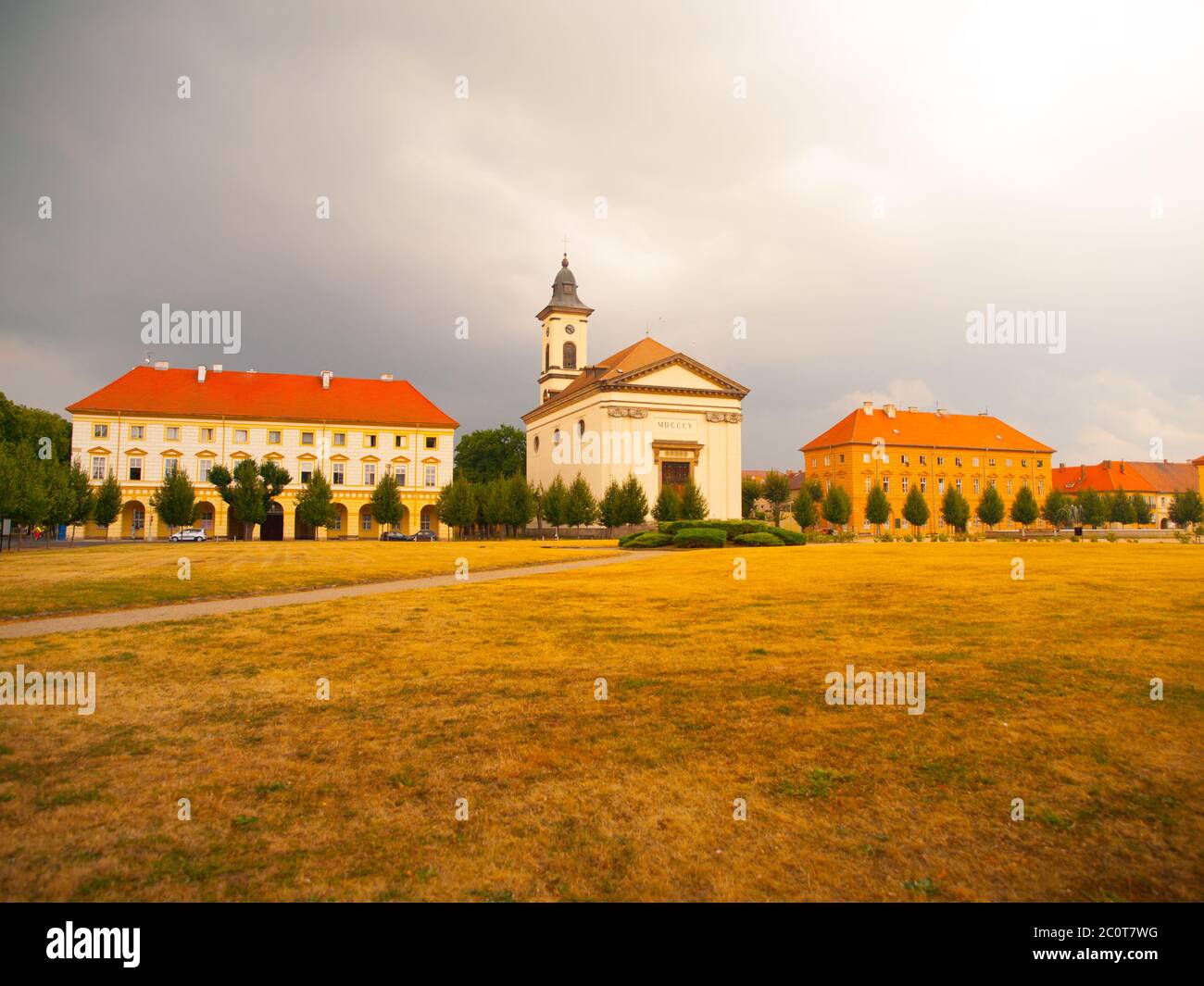 Czechoslovak Army Square with baroque church in Terezin fortress town ...