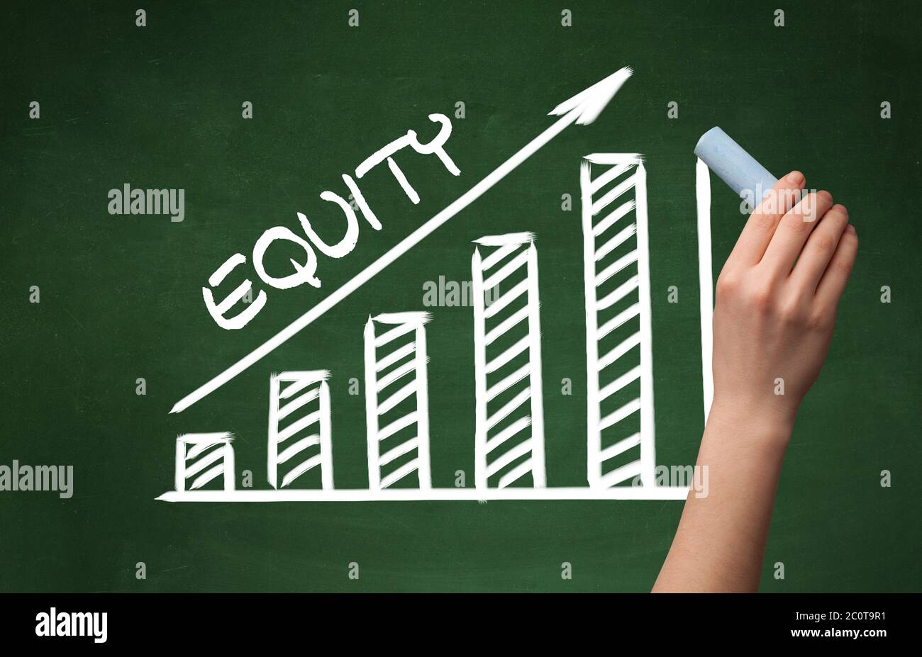 Hand drawing EQUITY inscription with white chalk on blackboard ...