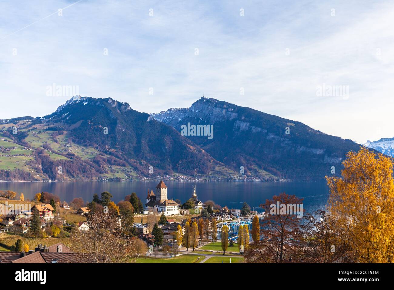 Aerial view of Spiez town in autumn with the castle on the side of the ...