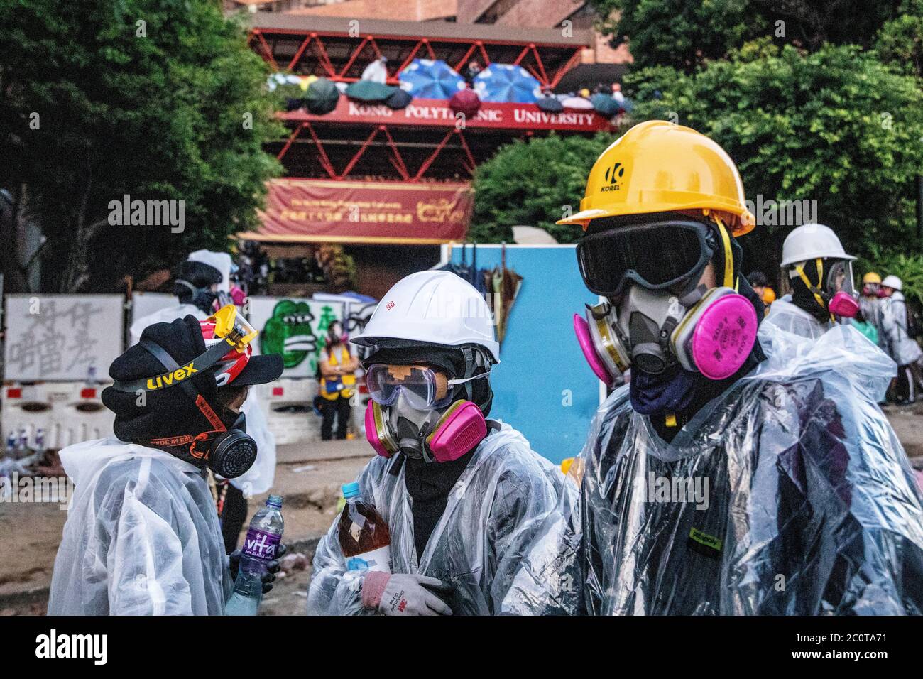 Protesters wearing gas masks at the Polytechnic University during an ...