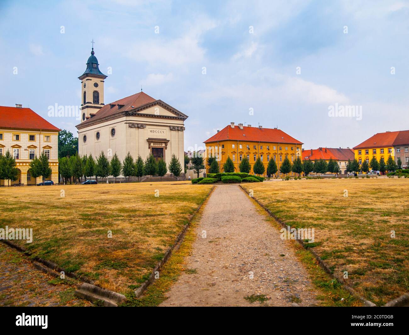 Czechoslovak Army Square with baroque church in Terezin fortress town ...