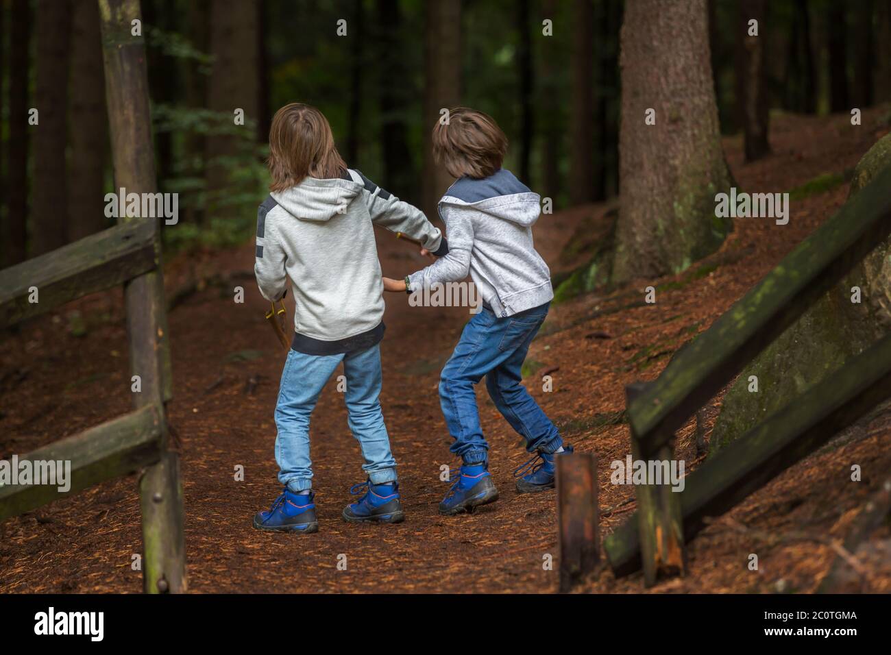 Two children, boy brothers, feeling scared in the forest, holding hands ...