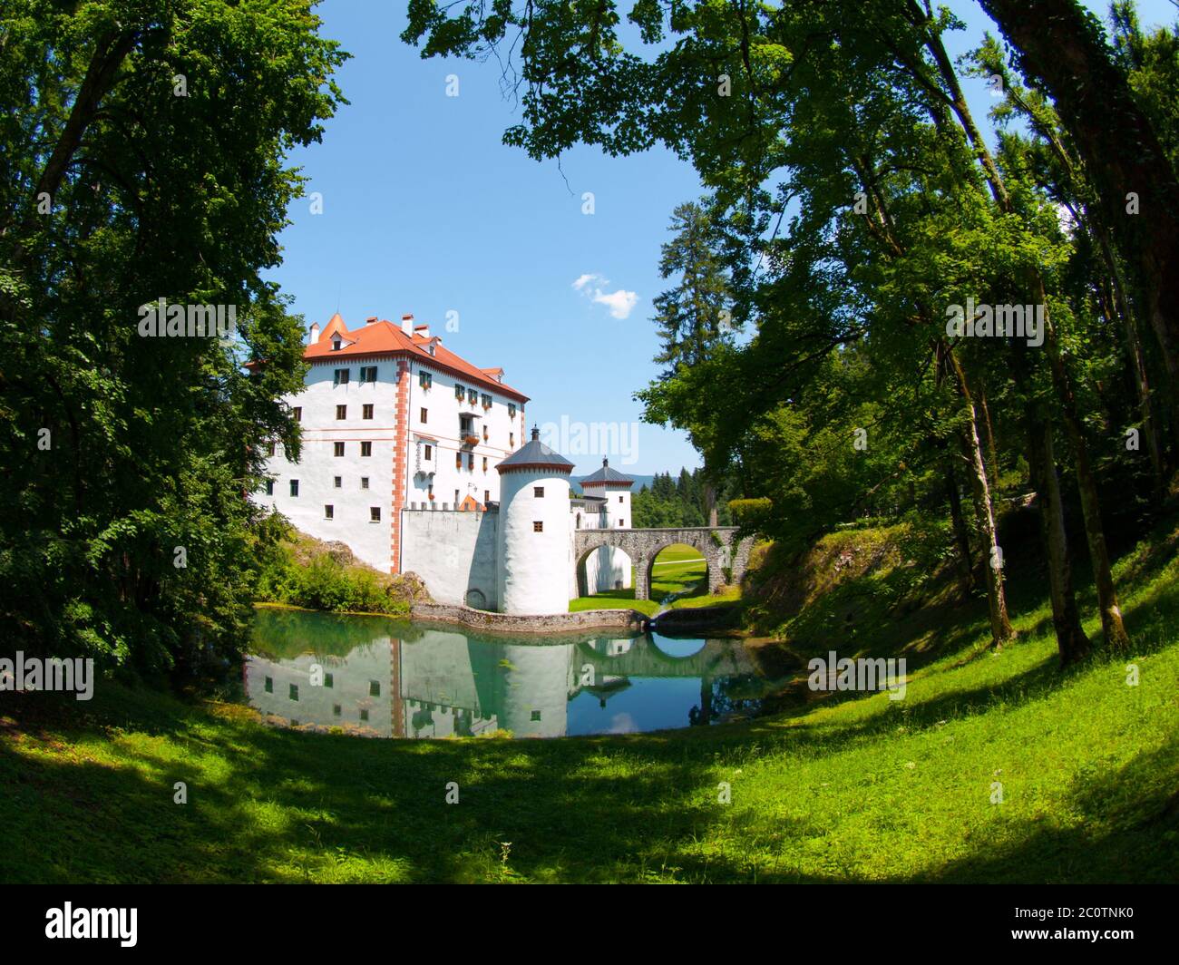 Romantic white hunting castle Sneznik in Slovenia, fish-eye image Stock ...