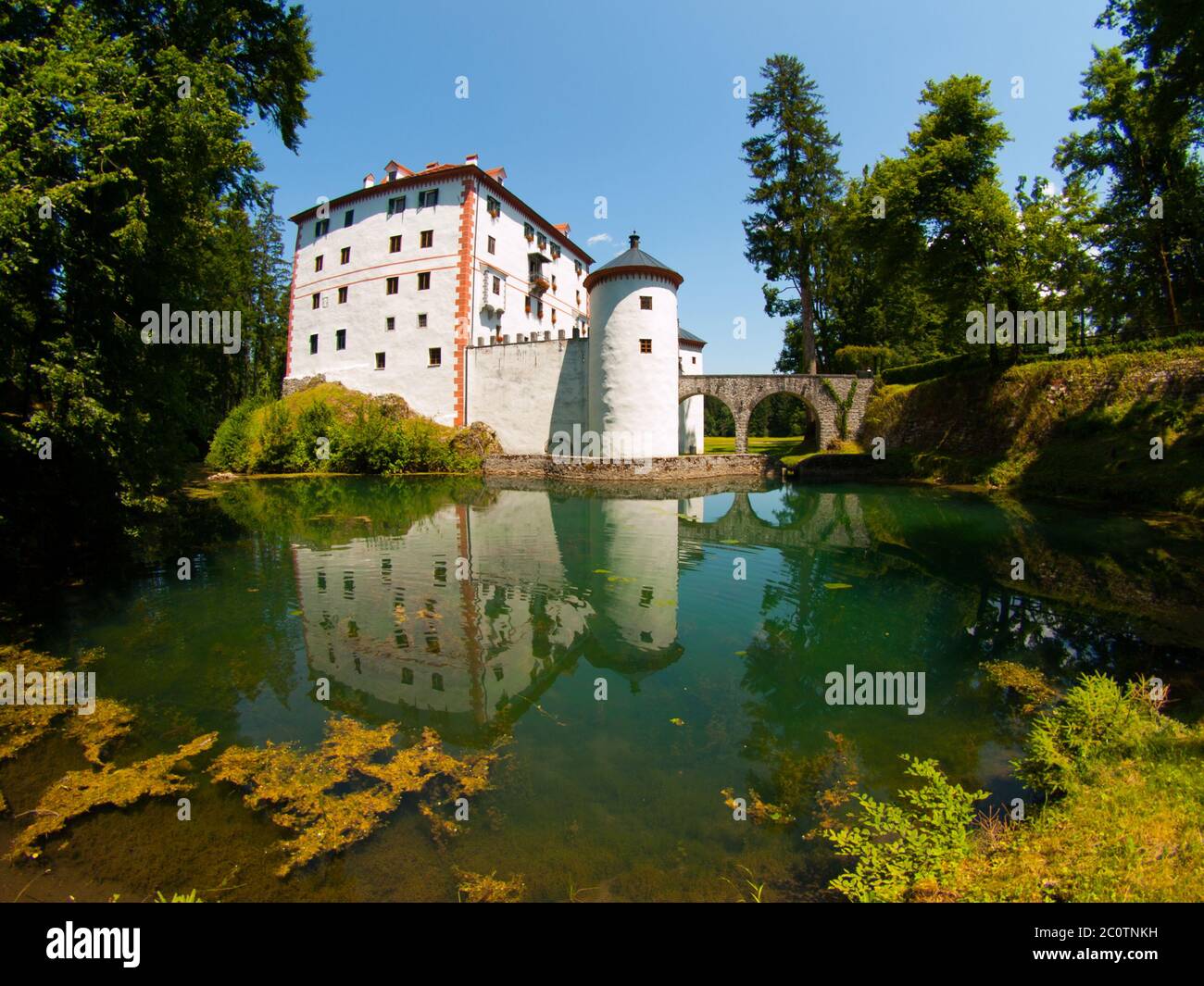 Romantic white hunting castle Sneznik in Slovenia, fish-eye image Stock ...