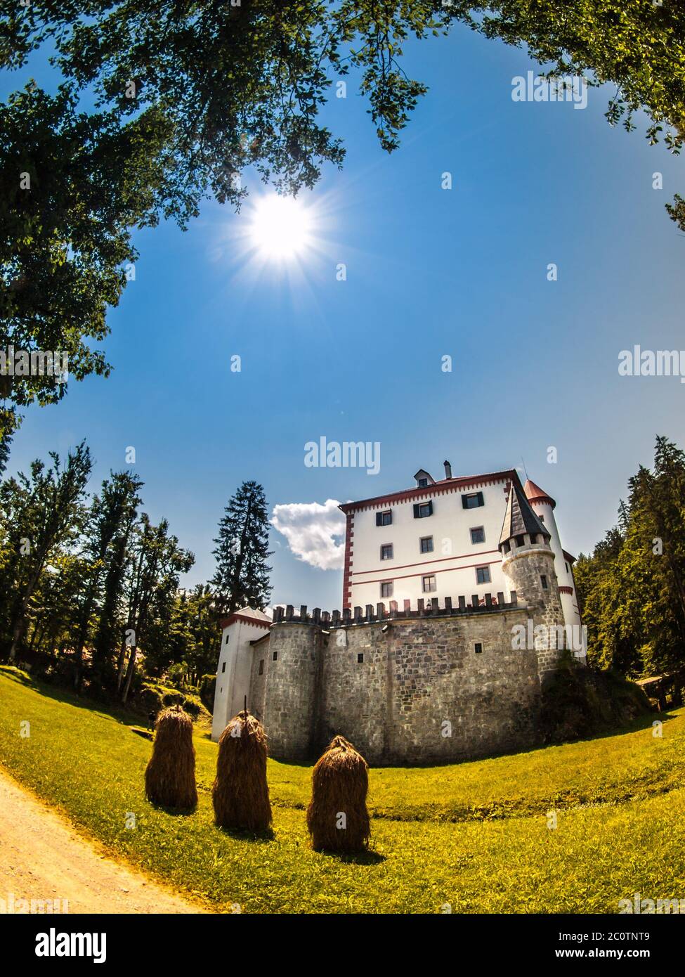 Romantic white hunting castle Sneznik in Slovenia. Fish eye view Stock ...