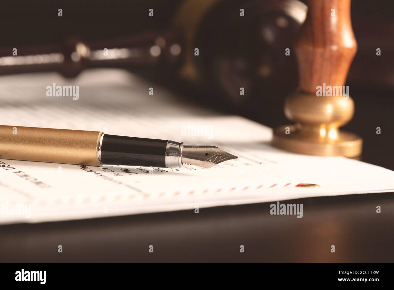 Law, notary background theme. Fountain pen and handmade paper on desk ...