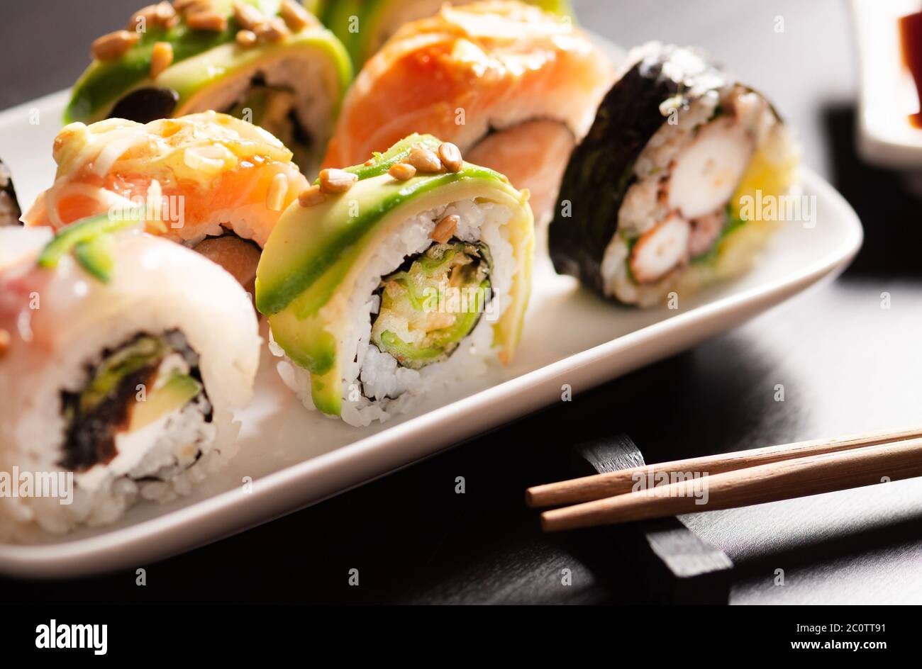 Sushi roll set on plate. Japanese Asian traditional food front view ...