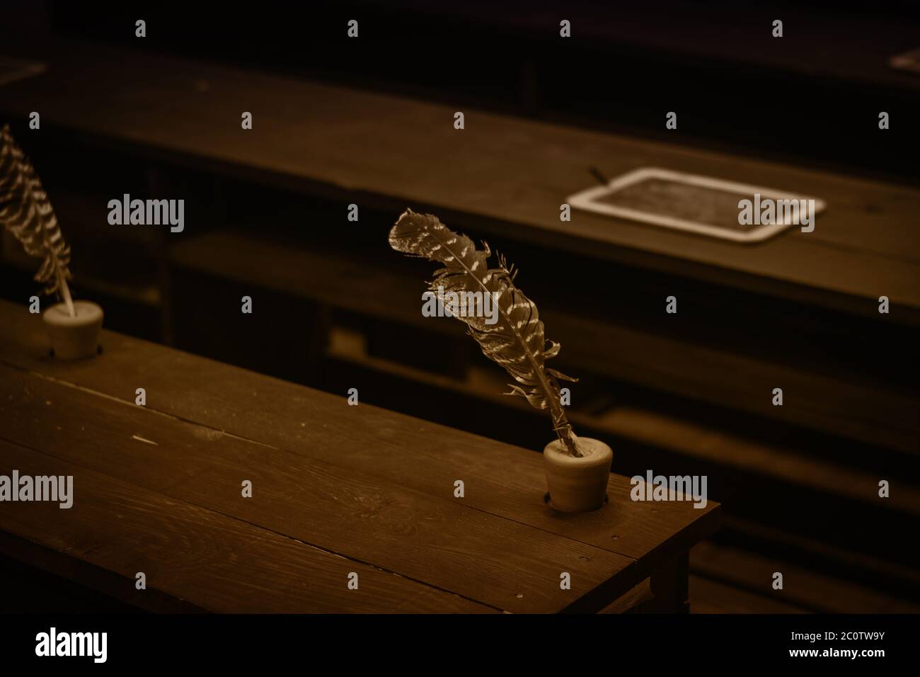 Feather and ink, writing tool in vintage class room, black and white ...