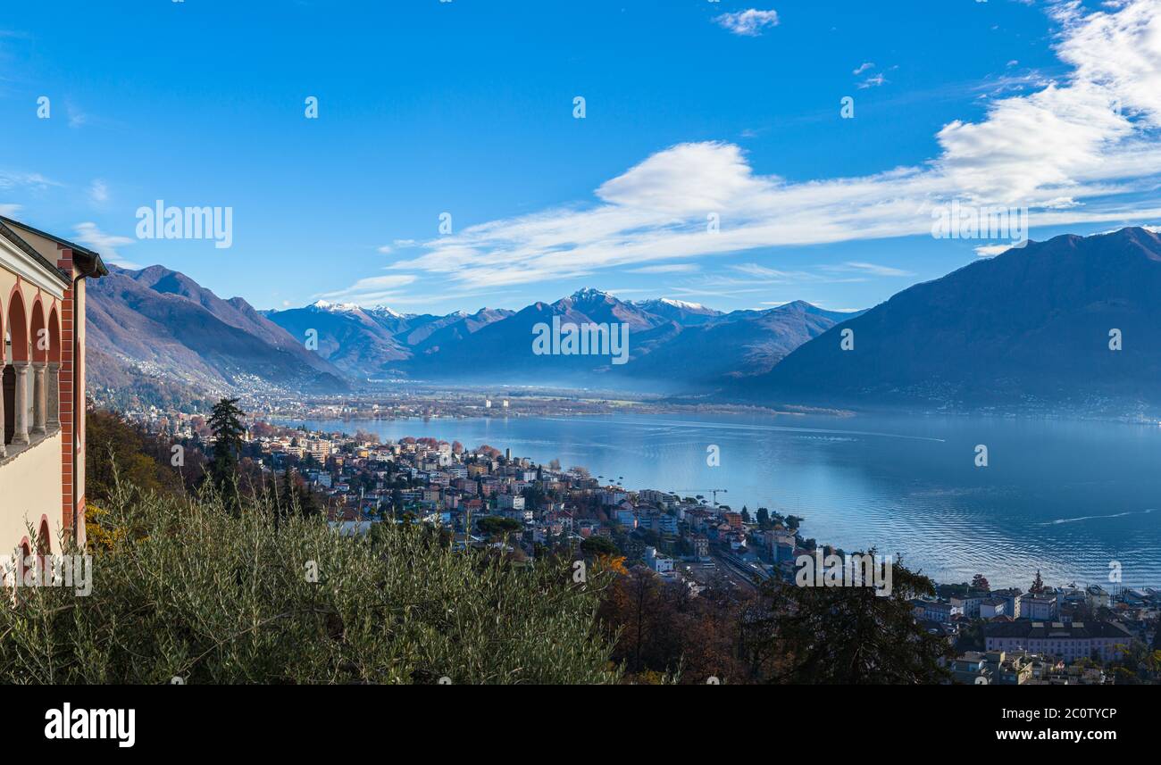 Stunning aerial panorama view of Locarno cityscape and Lake Maggiore ...