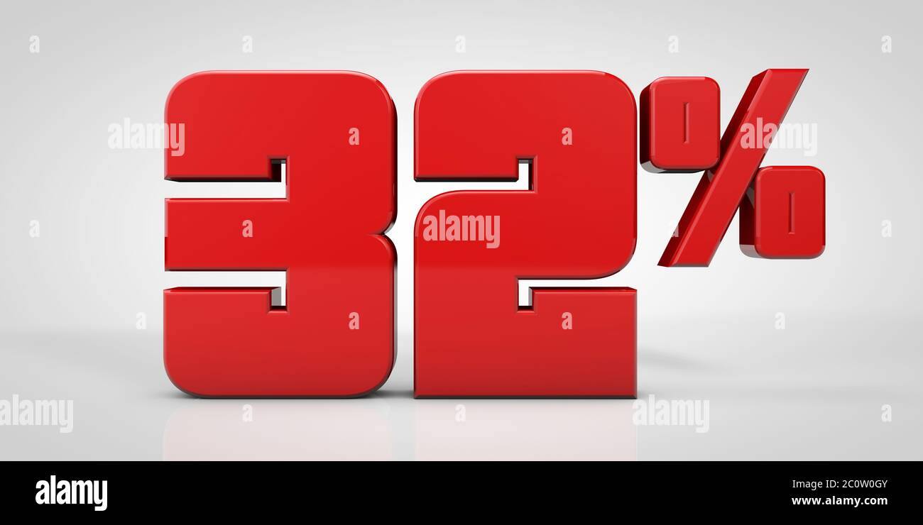 32% red text isolated on white background, 3d render illustration Stock ...