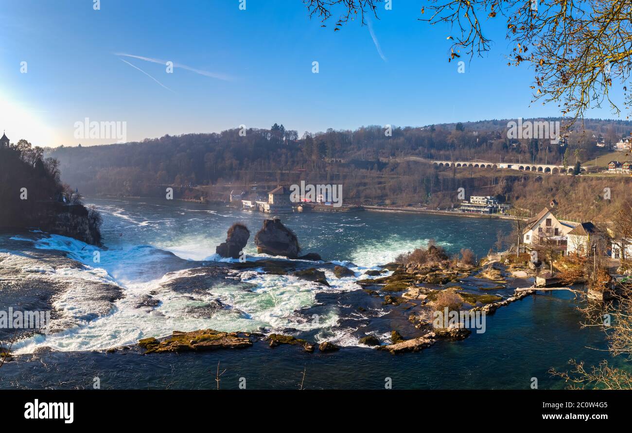 Stunning aerial panorama view of the Rhine Falls, the most powerful ...