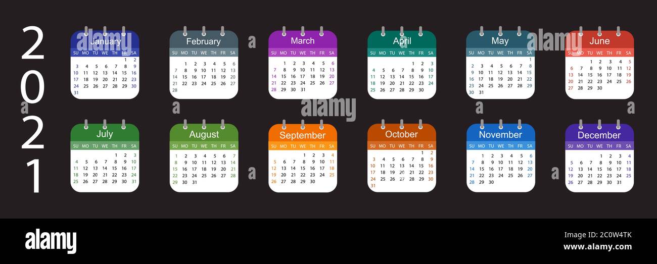 Calendar 2021. Week starts on Sunday.Colorful design on dark background ...