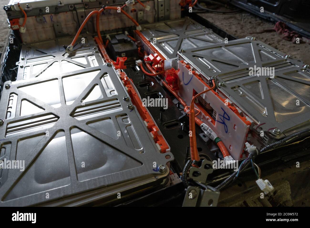 High voltage battery from Nissan Leaf electric car. Close up shot ...