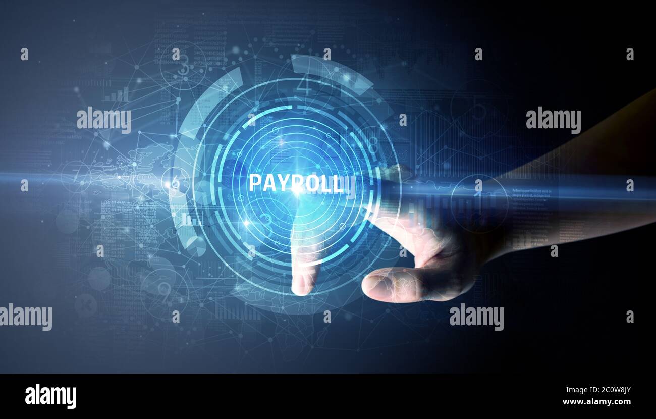 Hand touching PAYROLL button, modern business technology concept Stock ...