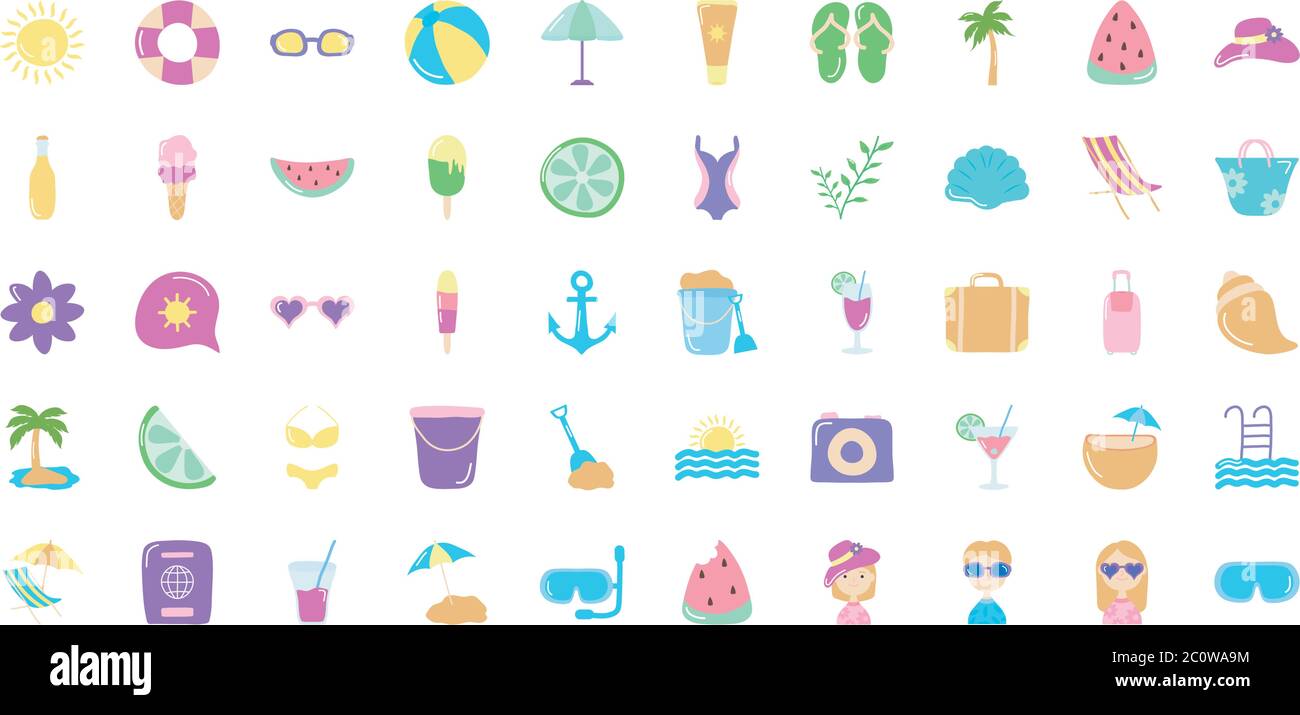 summer icon set over white background, flat style, vector illustration ...