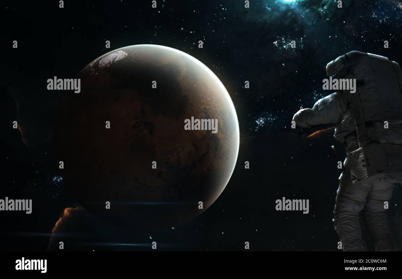 Mars, an astronaut in blue light. Solar system, beautiful space ...