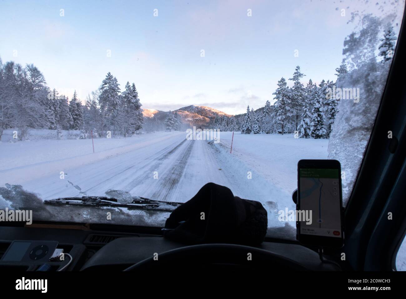Driving a vintage campervan on ice roads in Norway Stock Photo - Alamy