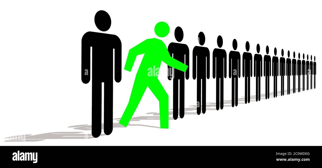 Green Man Standing Out In A Line Of Black Men Stock Photo - Alamy