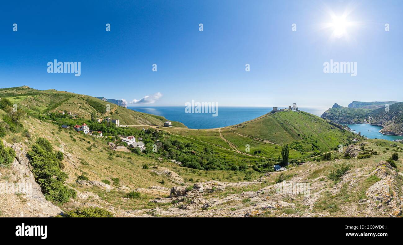 Scenic panoramic view of Balaclava bay with yachts from the ruines of ...