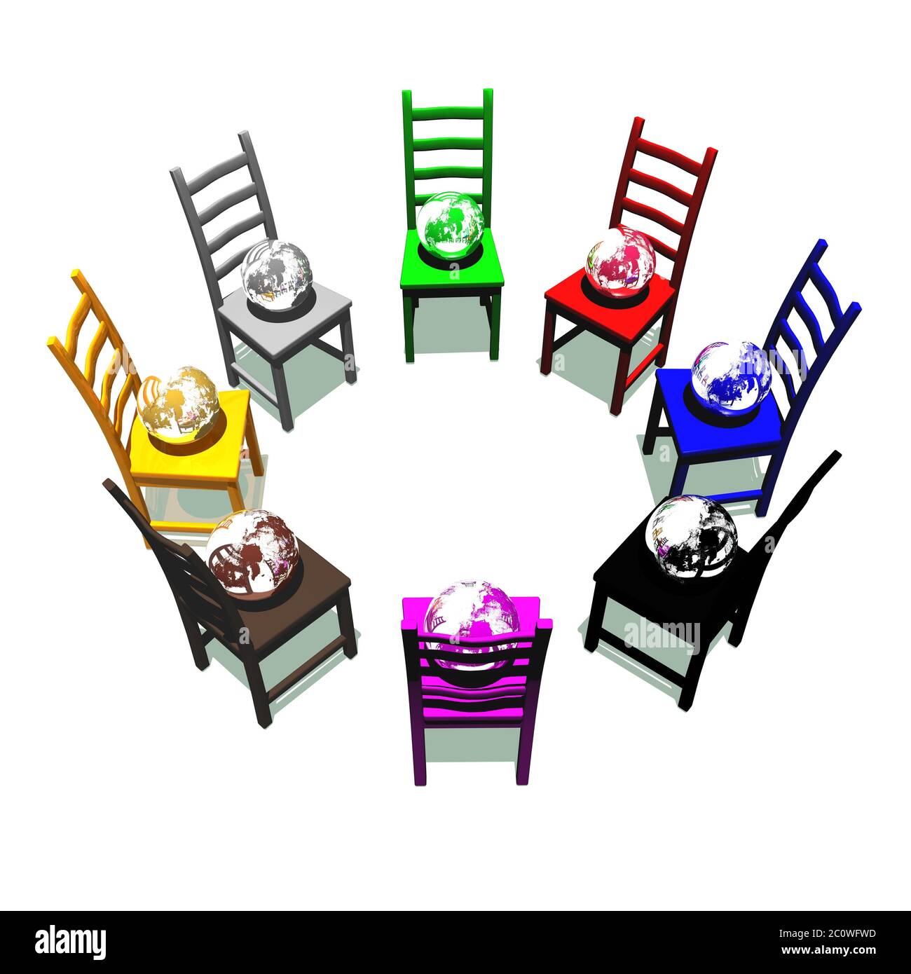 discuss, illustration, chairs, globe, planet, earth, world, meeting ...