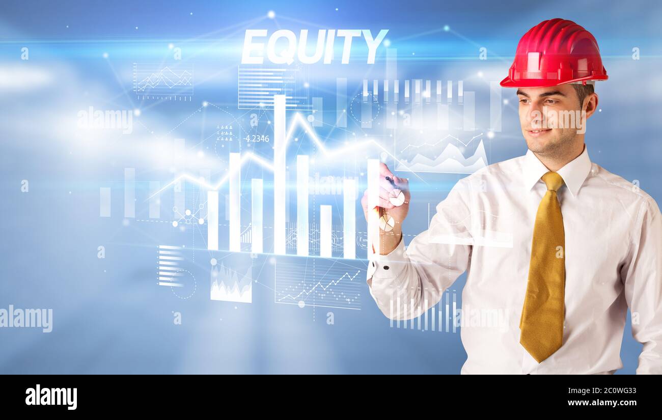 Handsome businessman with helmet drawing EQUITY inscription ...