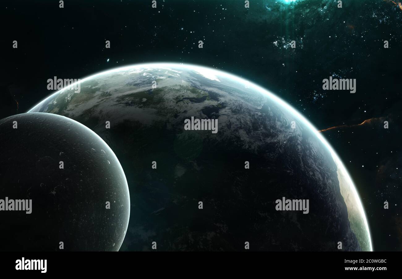 Planet Earth and Moon in turquoise light. Solar system, nebulae, star ...