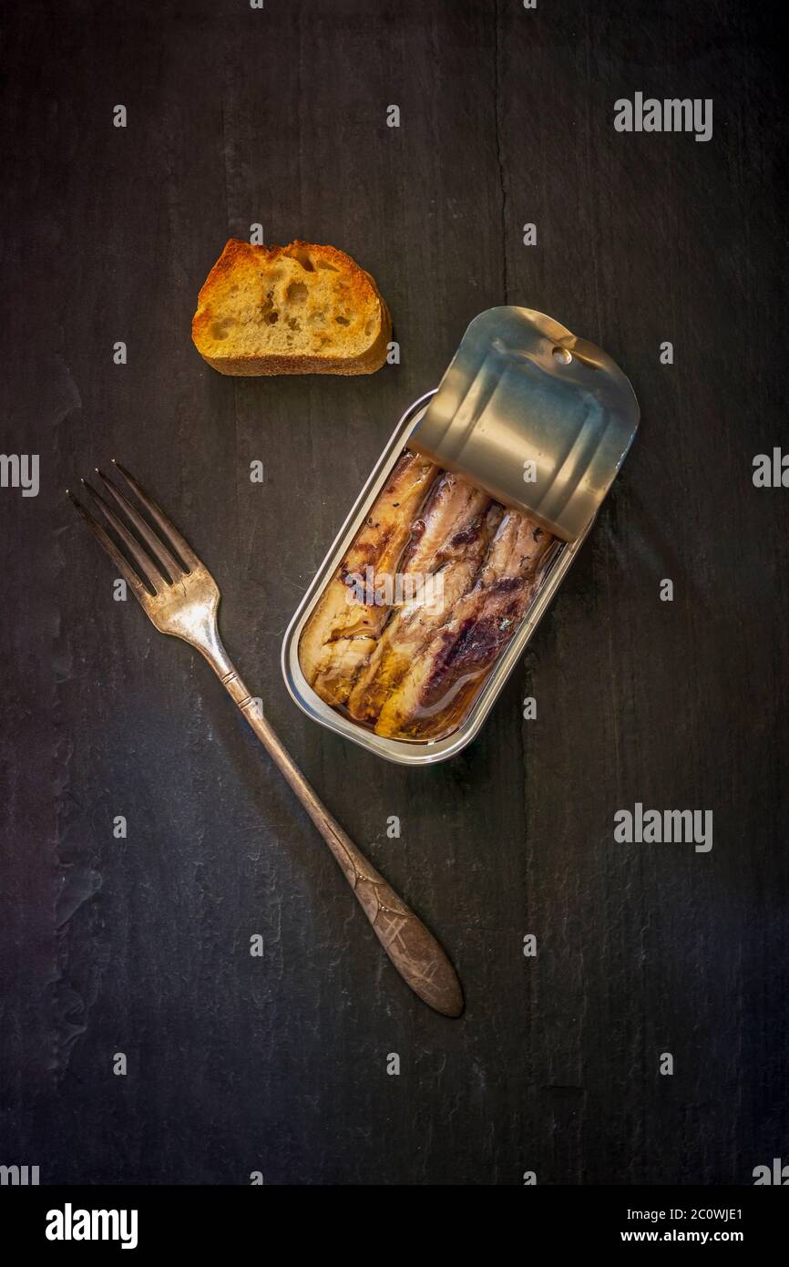 Open can of sardines. Top view Stock Photo - Alamy