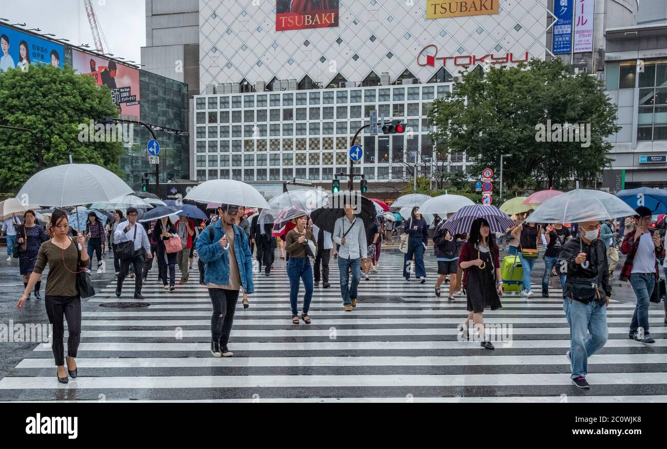 Pedestrian crowd with umbrella walking at the famous Shibuya scramble ...