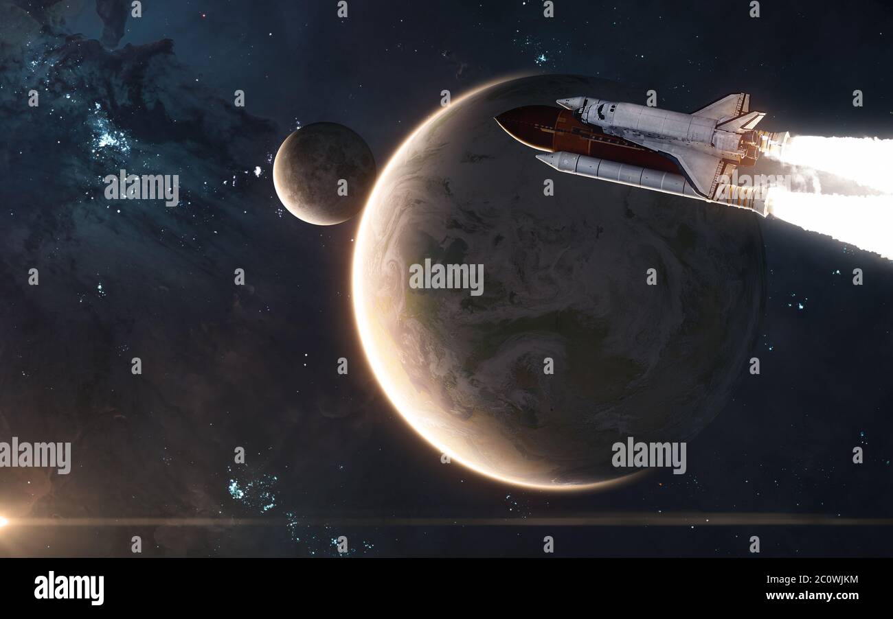 Space shuttle is flying in front of Earth and Moon. Solar system Stock ...