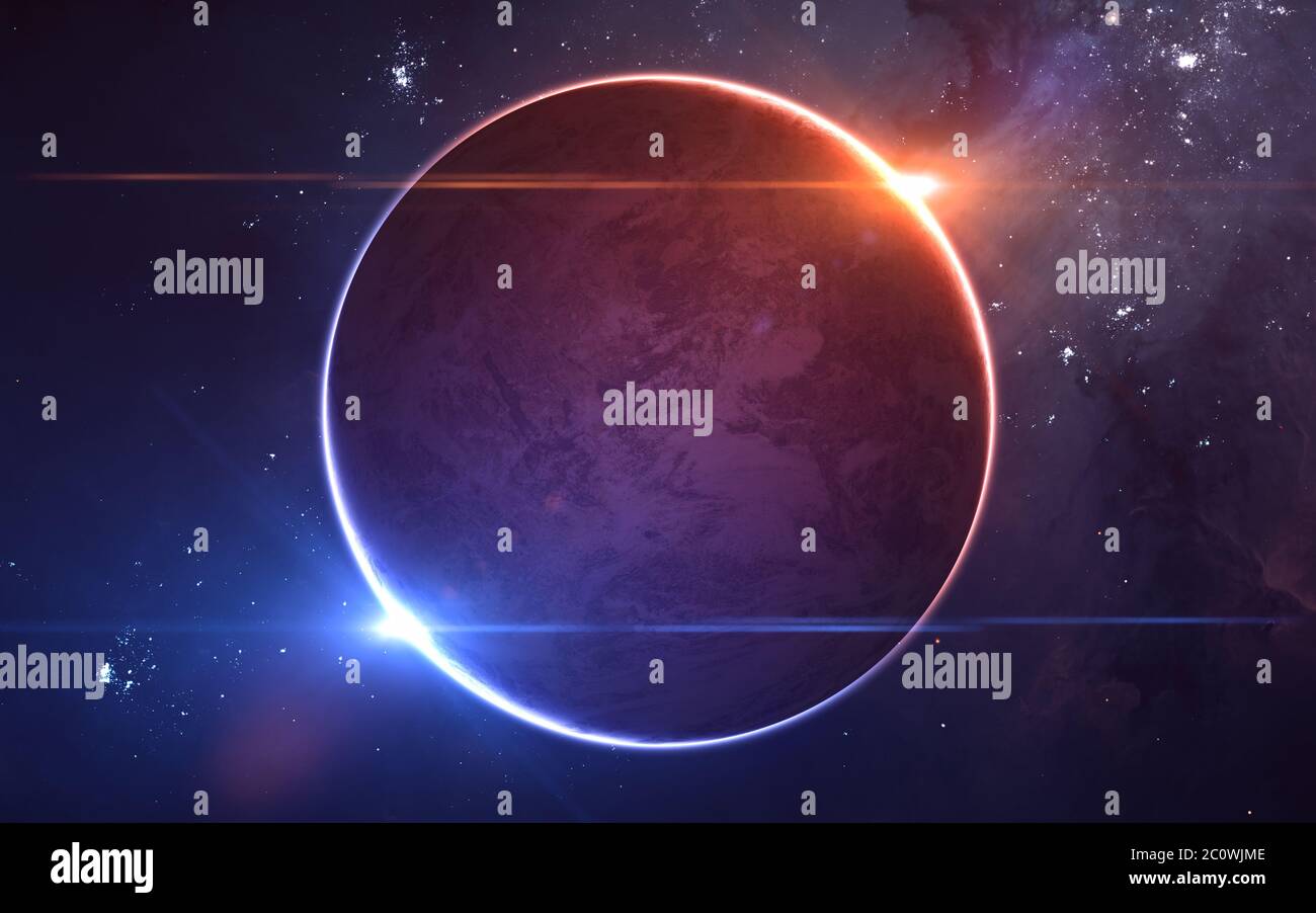 Planet in a double star system. Red and blue stars in deep space Stock ...