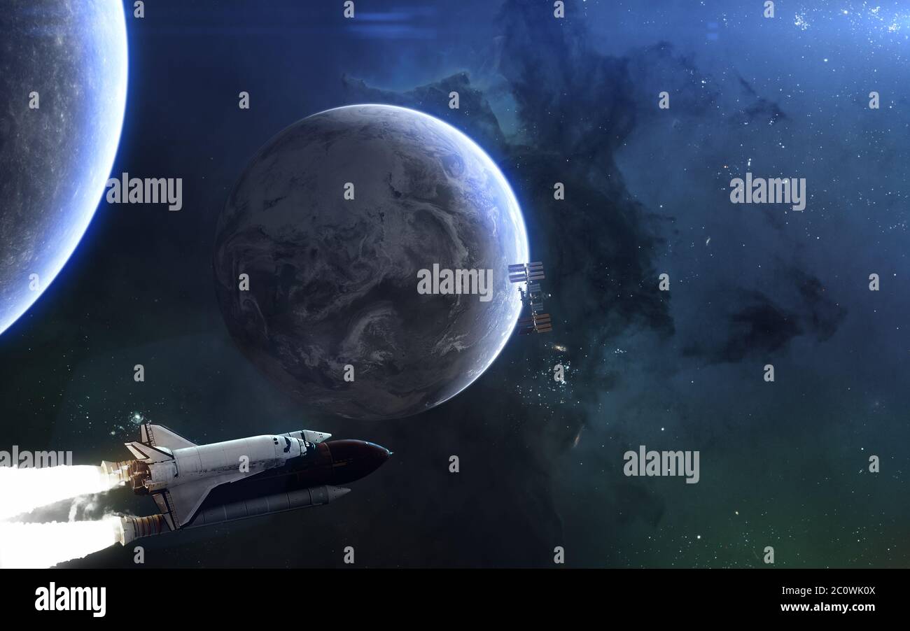 Planet Earth, rear of the Moon, space shuttle. Solar system in blue ...