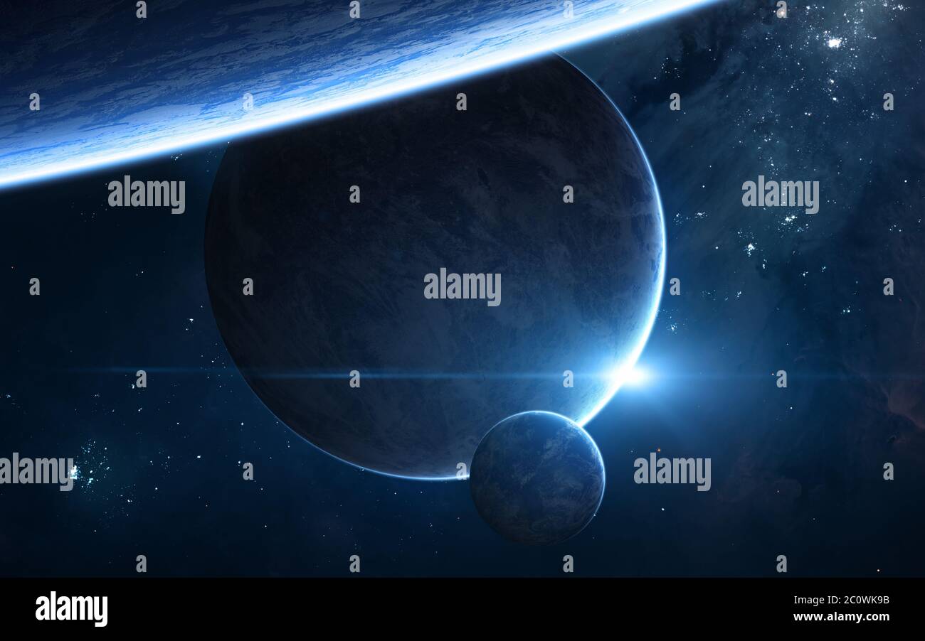 Planets in deep space. Blue star eclipse Stock Photo - Alamy
