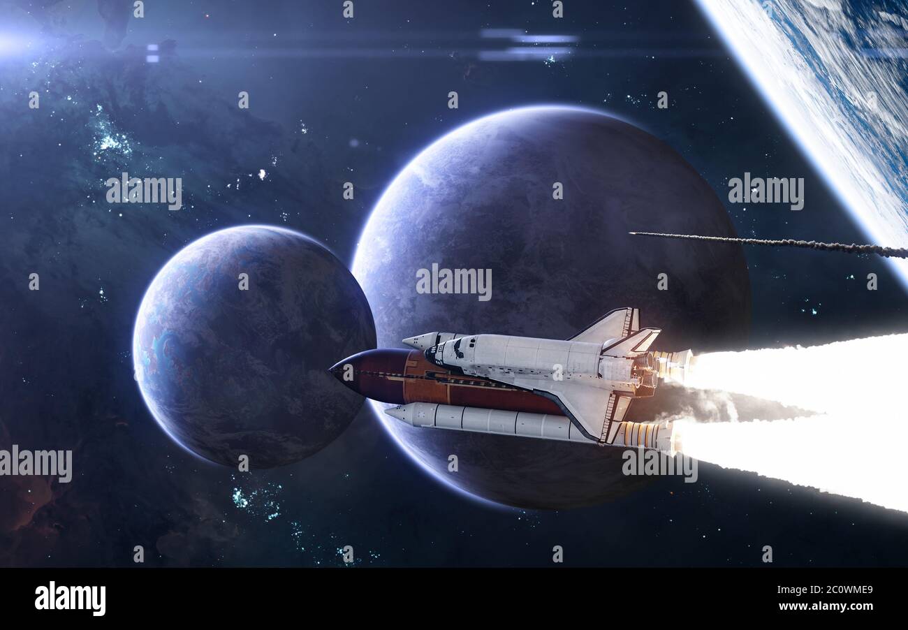 Space Shuttles flying away from deep space planet. Exoplanets in blue ...
