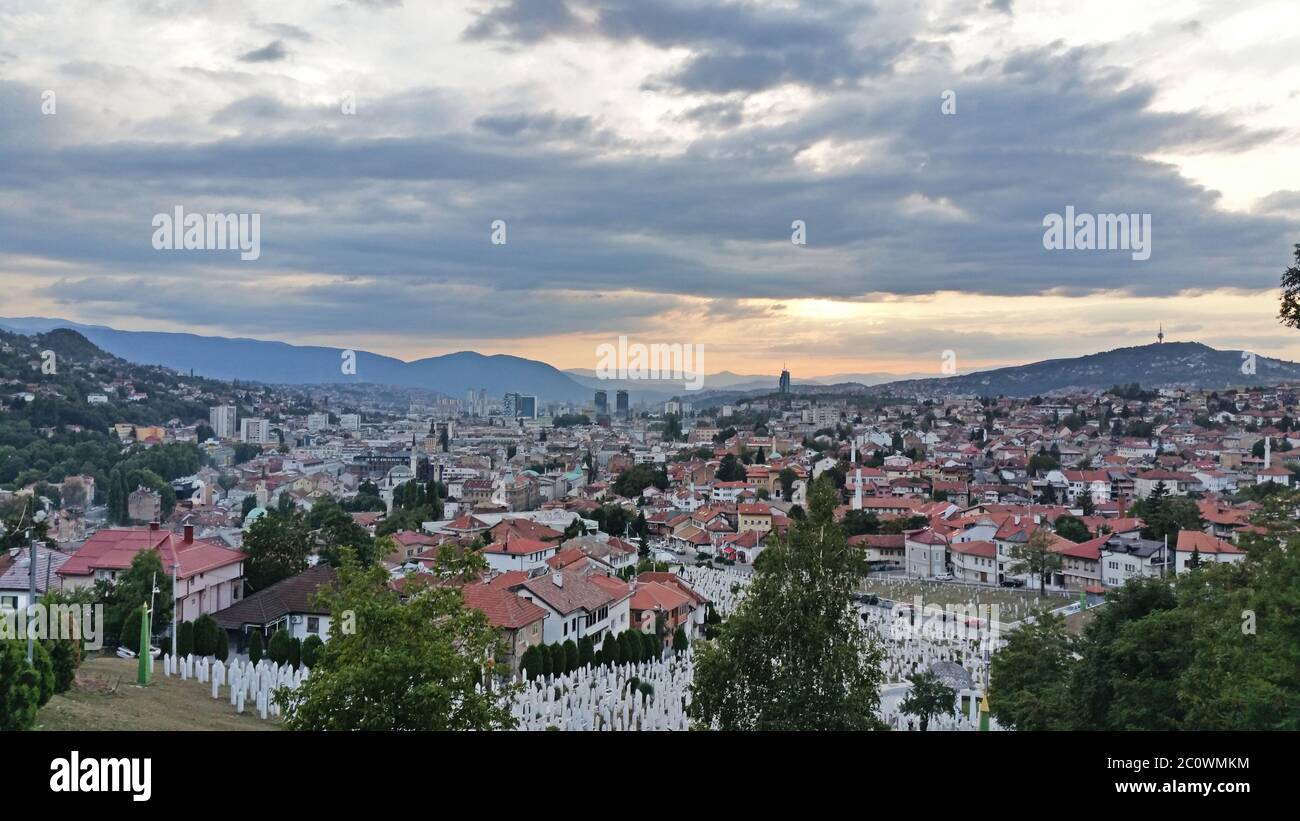 View of the city of Sarajevo in Bosnia at sunset Stock Photo - Alamy