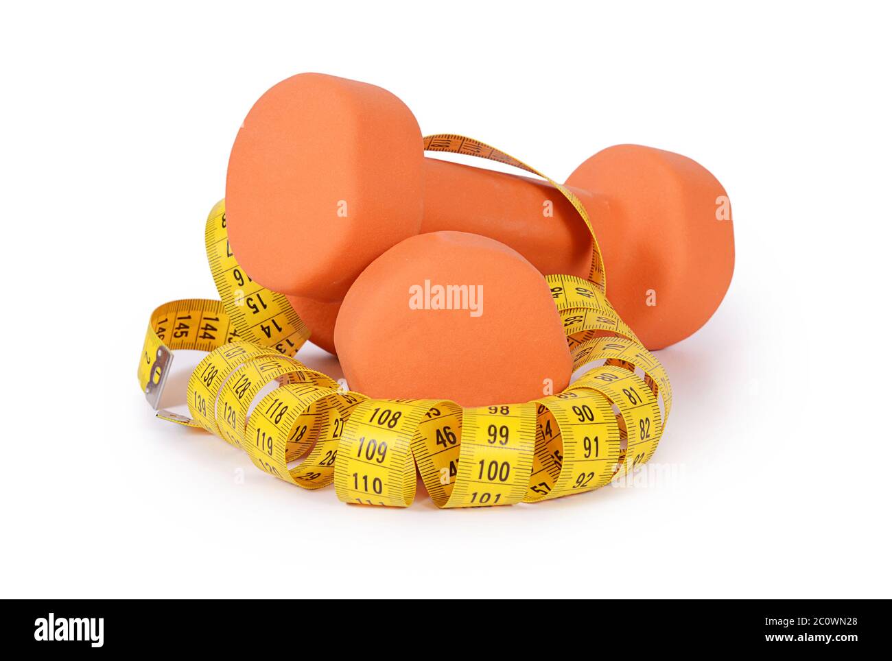 Measuring tape with dumbbells isolated Stock Photo - Alamy