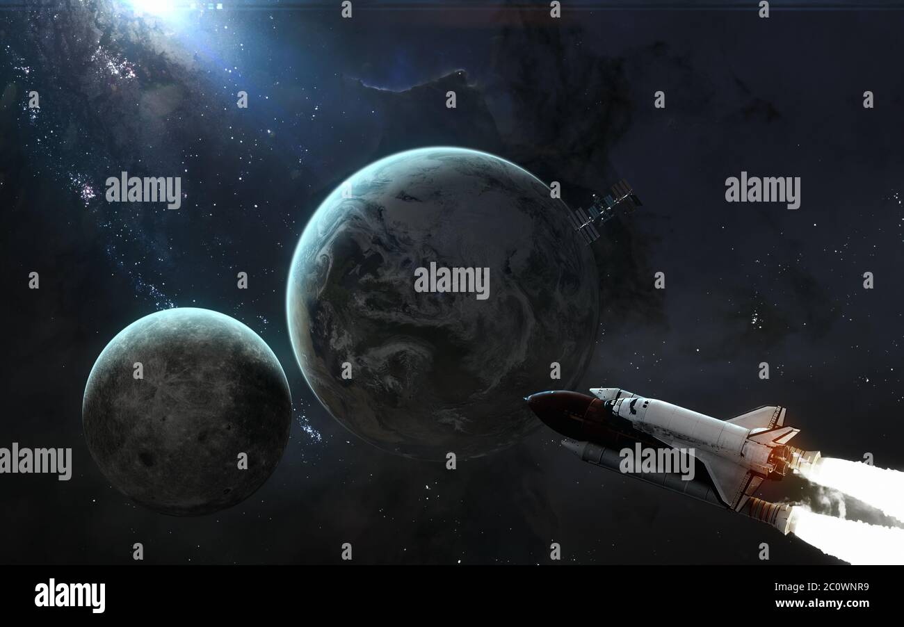 Planet Earth, moon rear, space shuttle, ISS. Solar system in blue light ...