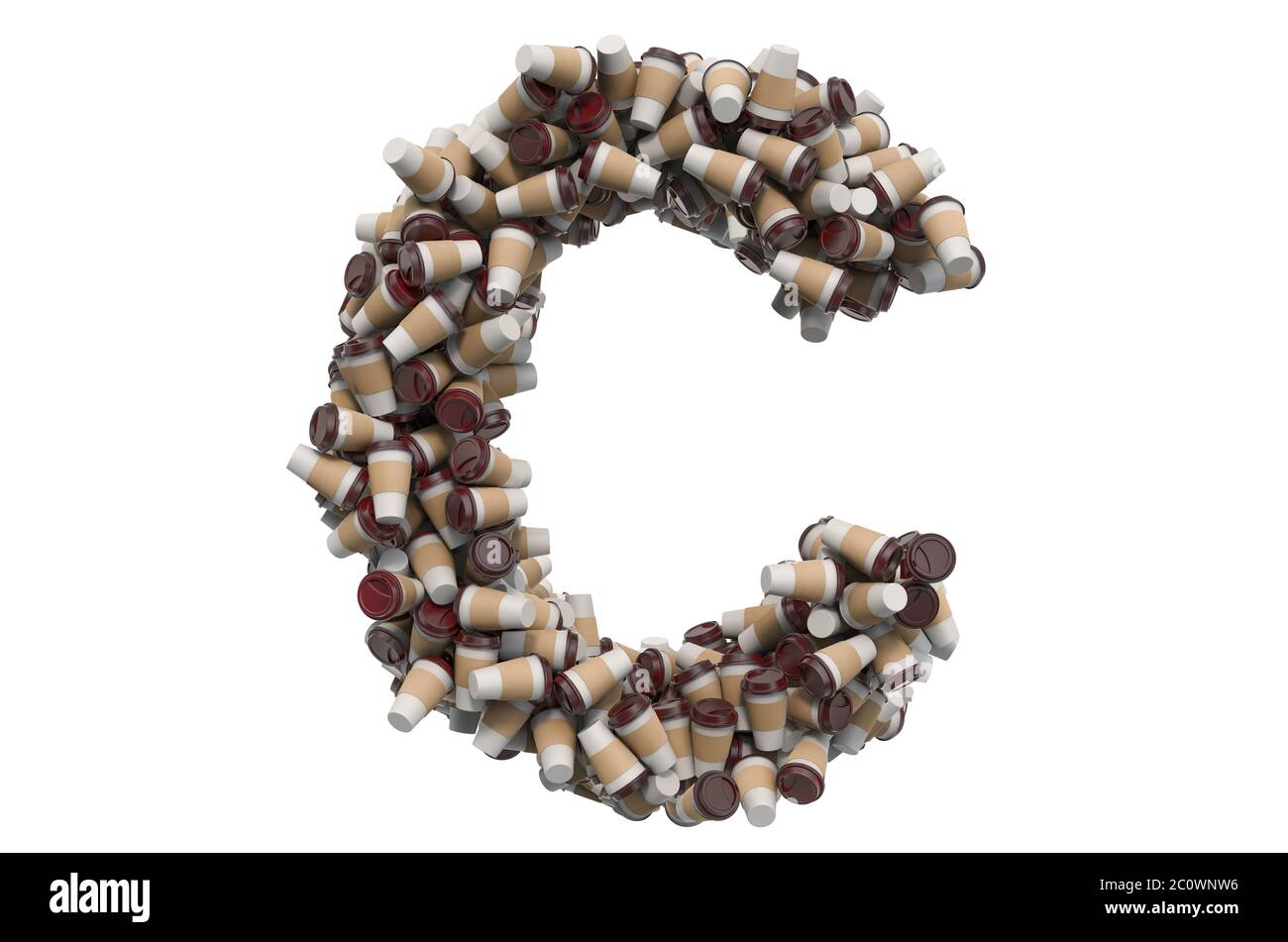 Letter C from disposable cups of coffee or tea, 3D rendering isolated ...