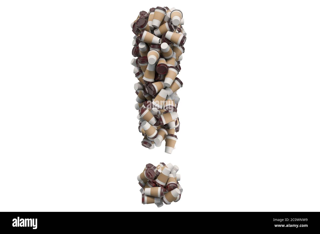 Exclamation mark from disposable cups of coffee or tea, 3D rendering ...