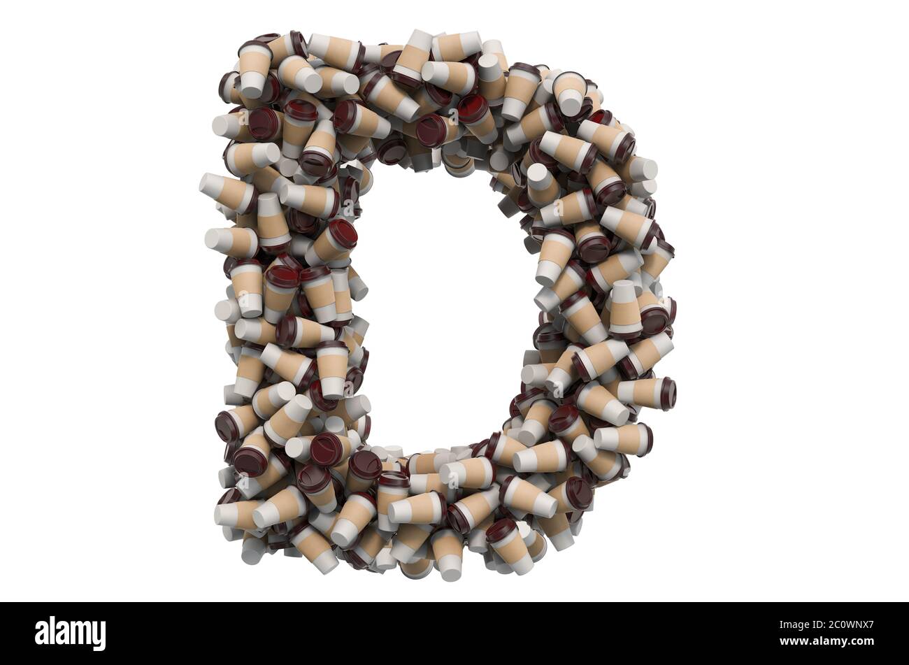 Letter D from disposable cups of coffee or tea, 3D rendering isolated ...