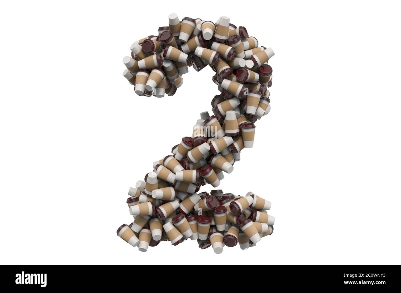 Number 2 from disposable cups of coffee or tea, 3D rendering isolated ...