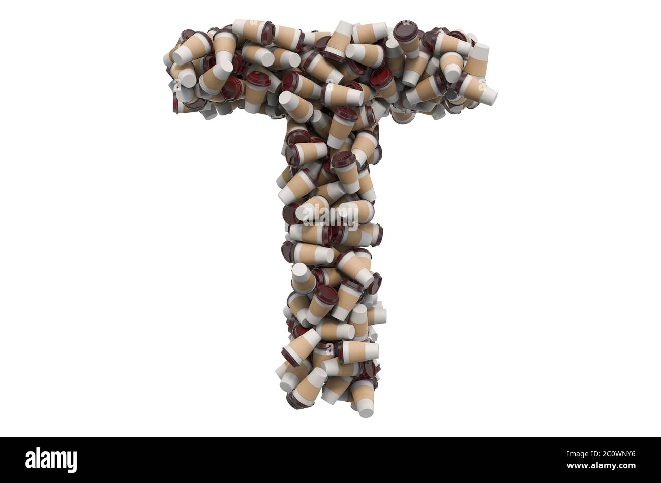 Letter T from disposable cups of coffee or tea, 3D rendering isolated ...