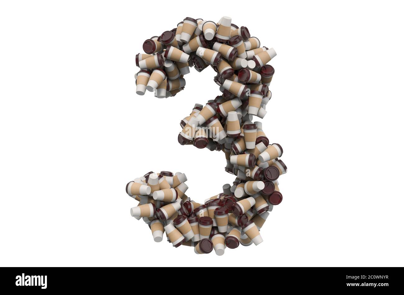 Number 3 from disposable cups of coffee or tea, 3D rendering isolated ...