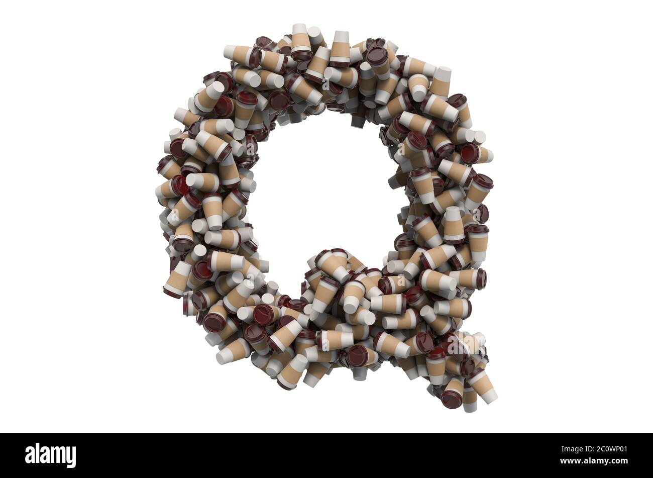 Letter Q from disposable cups of coffee or tea, 3D rendering isolated ...
