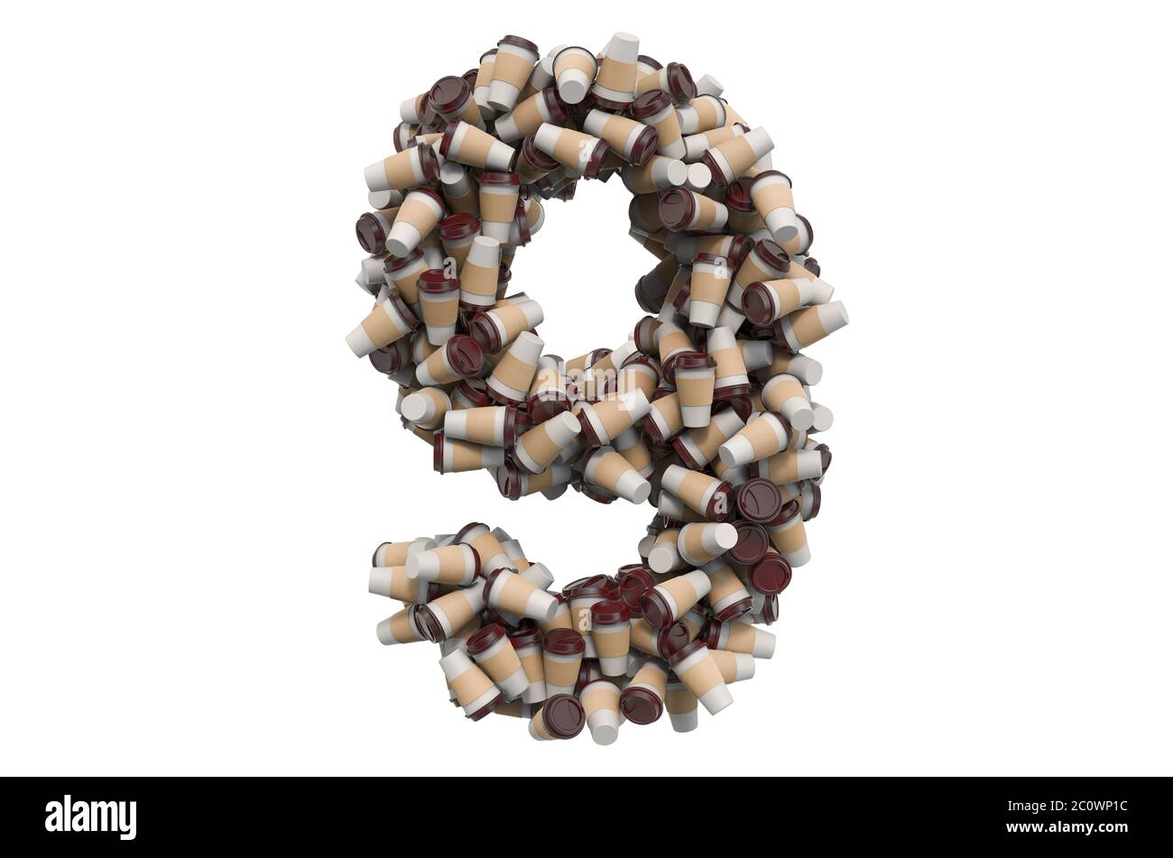 Number 9 from disposable cups of coffee or tea, 3D rendering isolated ...