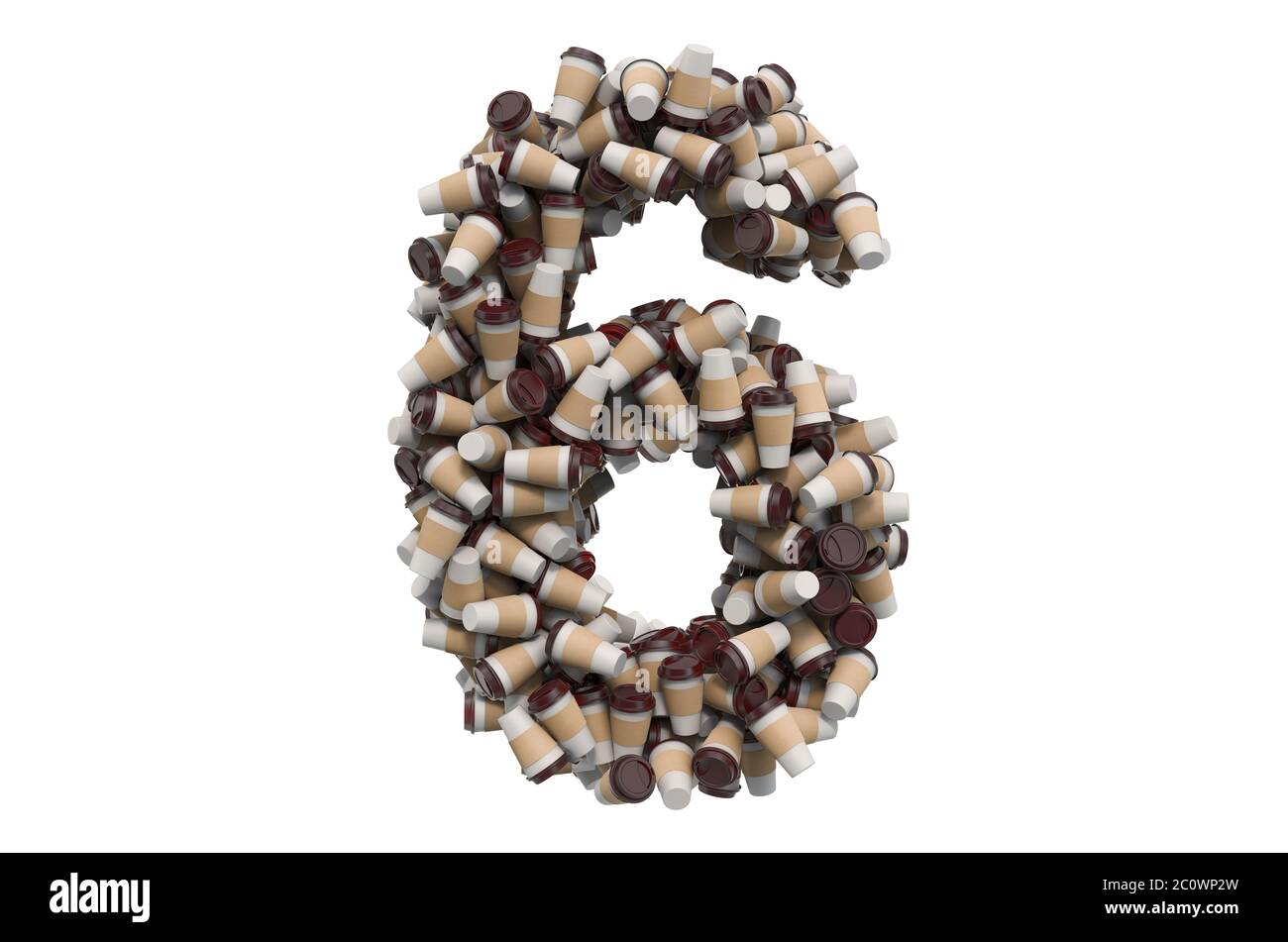 Number 6 from disposable cups of coffee or tea, 3D rendering isolated ...