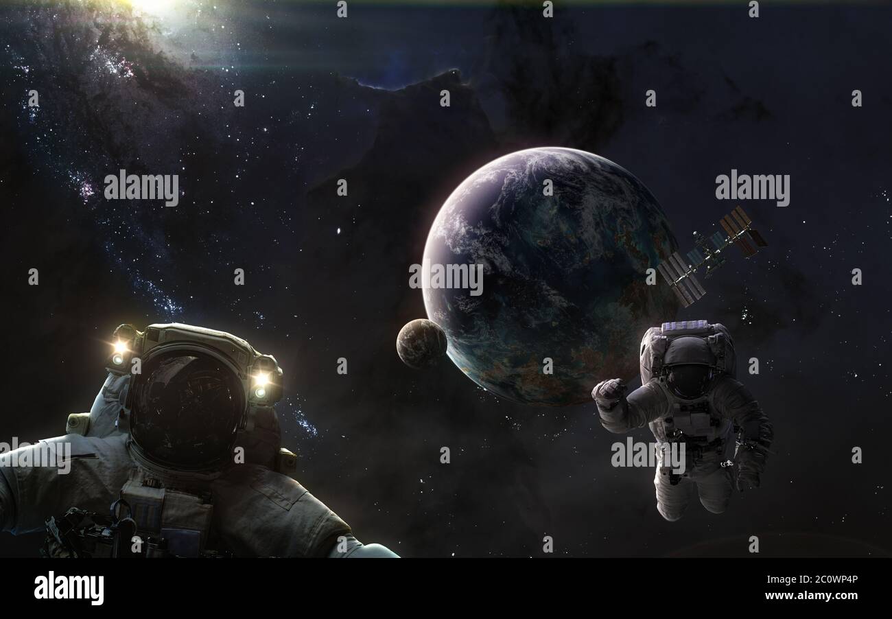 Exoplanets, space station, astronauts. Deep space landscape Stock Photo ...
